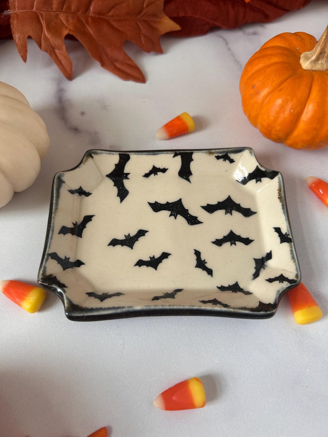 Handmade Bat Decal Pottery Plate, Spooky Bat Trinket Dish, Halloween ...