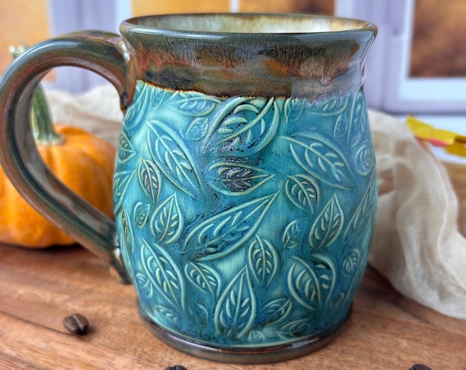 Beautiful Fall Leaf Texture Pottery Mug, Small Autumn Glaze Ceramic Mug ...