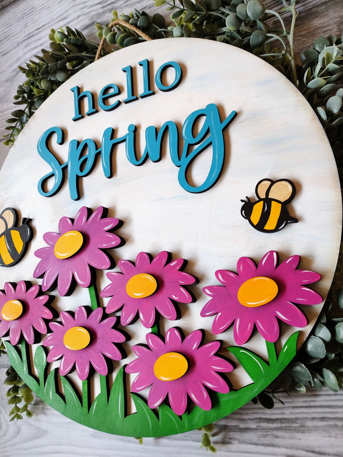 Spring Daisy Bee Door Hanger. Colorful Spring/summer Welcome Sign. Hand ...