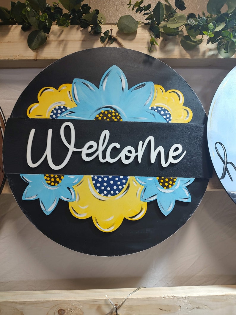 Welcome With 3 Flowers on Top and Bottom Door Hanger. Colorful Spring ...