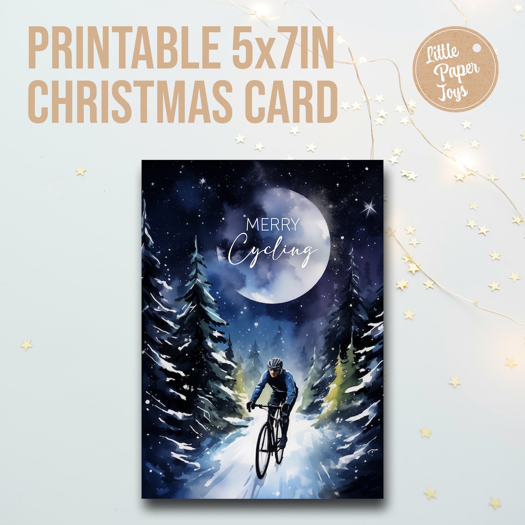 Printable Christmas Holiday Cycling Card, Xmas Bicycle Bike Greeting ...