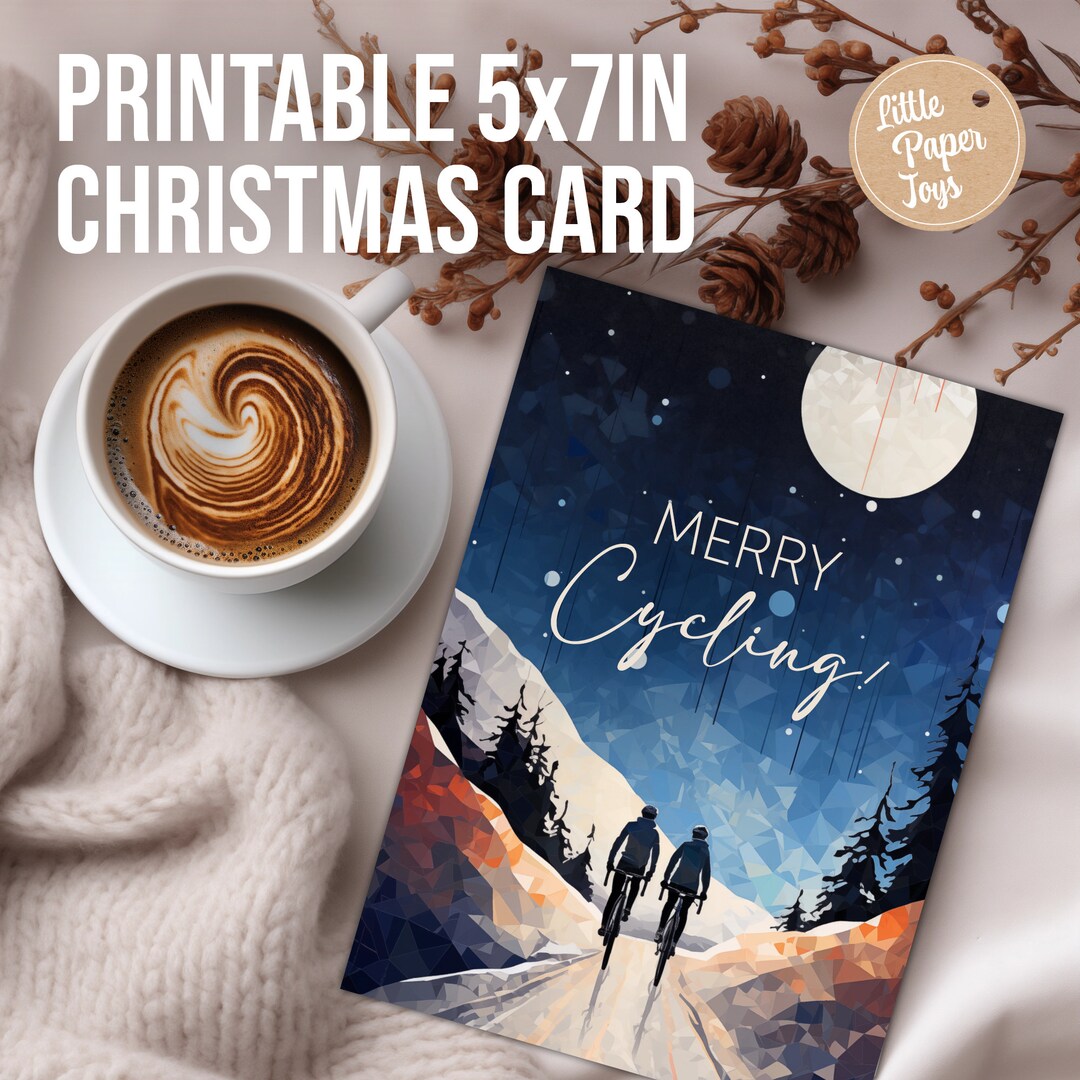 Printable Merry Cycling Christmas Holiday Card, Xmas Bicycle Bike ...