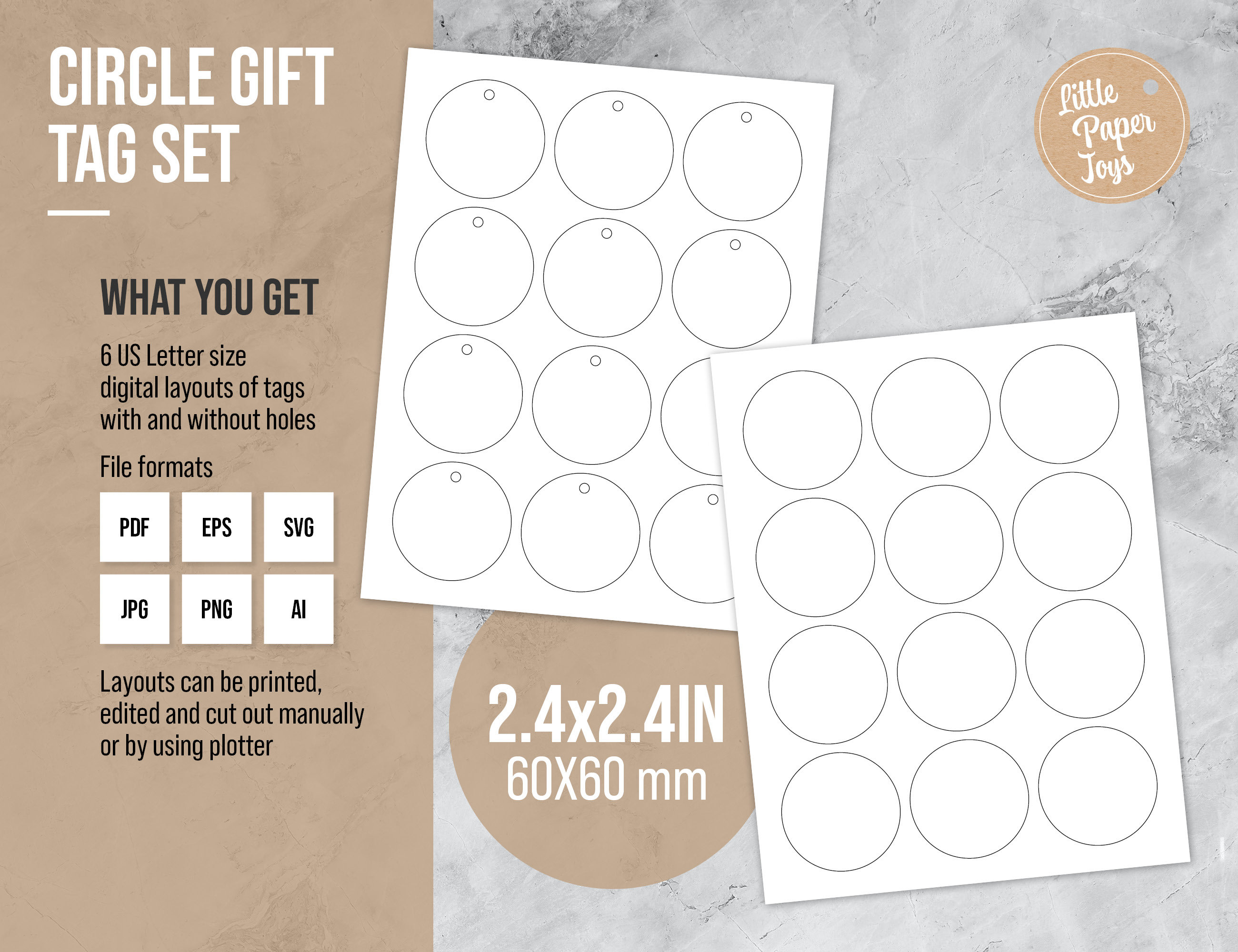 Printable Blank Round Gift Tag, Label Template Layout Set, 1.6 X 1.6 In ...