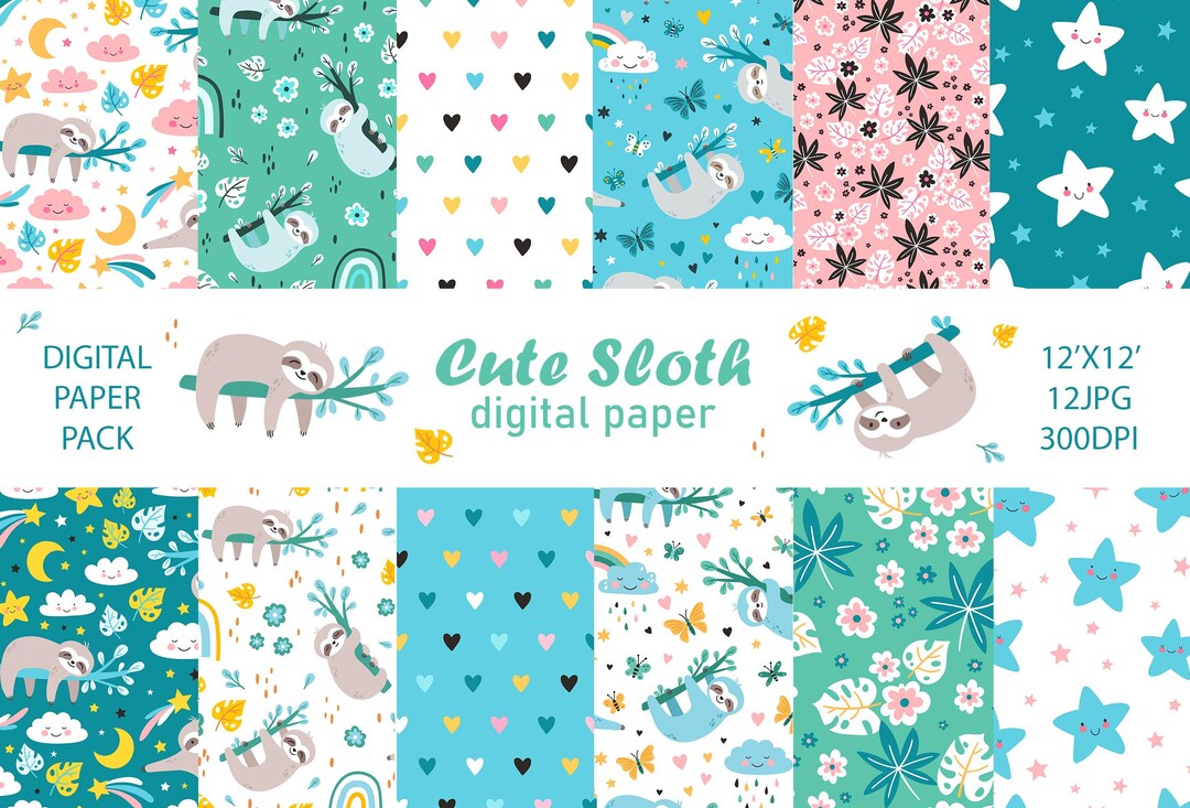 12 Cute Sloth Digital Paper, Rainbow, Clouds, Butterfly, Bear Cartoon ...