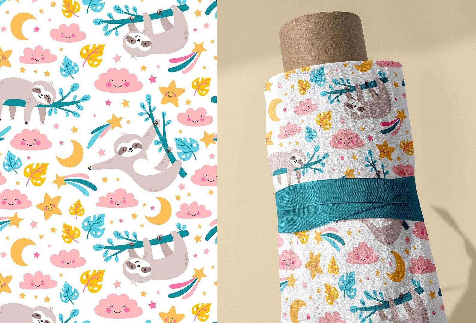 12 Cute Sloth Digital Paper, Rainbow, Clouds, Butterfly, Bear Cartoon ...