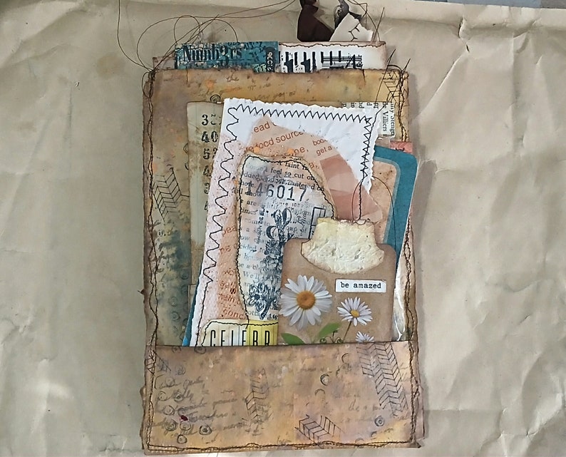 Handmade, Grungy Lunch Bag Loaded Ephemera Holder, Stuffed Full of Handmade, and Tea-dyed ...