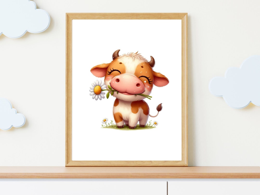 Happy Cow With Daisies Wall Art Charming Nursery Printable Digital ...