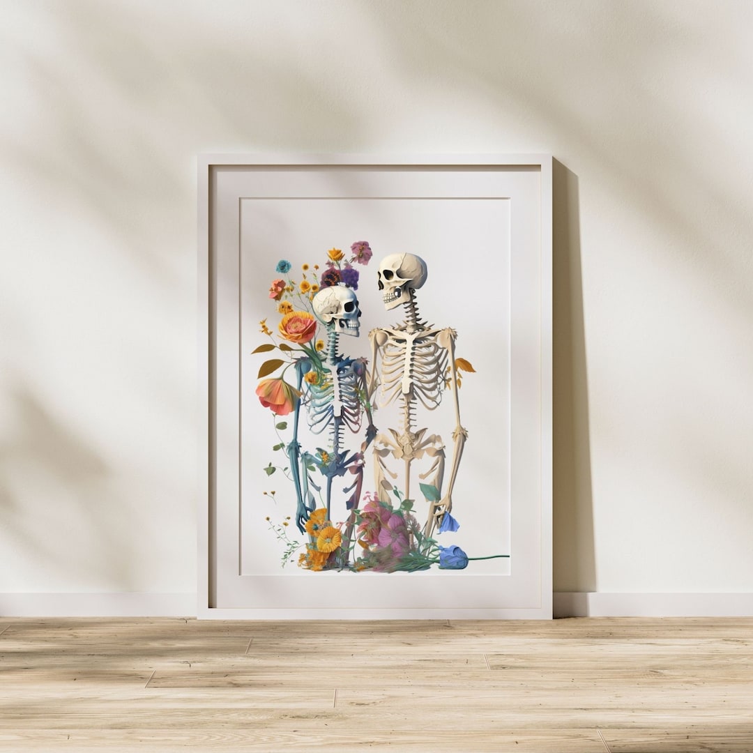 Halloween Skeleton Couple Floral Wall Art Printable | Romantic Gothic ...
