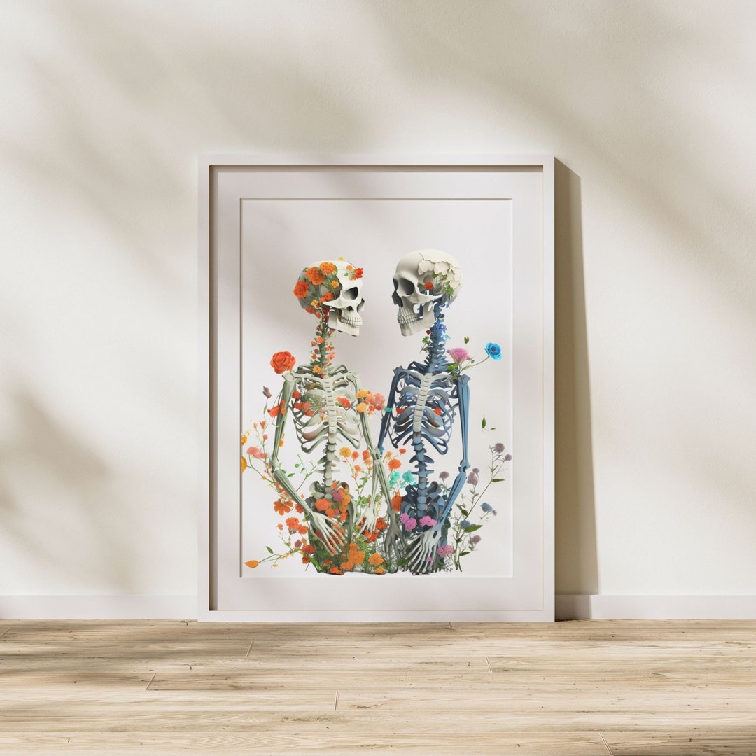 Spooky Love Skeleton Couple Halloween Wall Art | Floral Gothic Decor ...