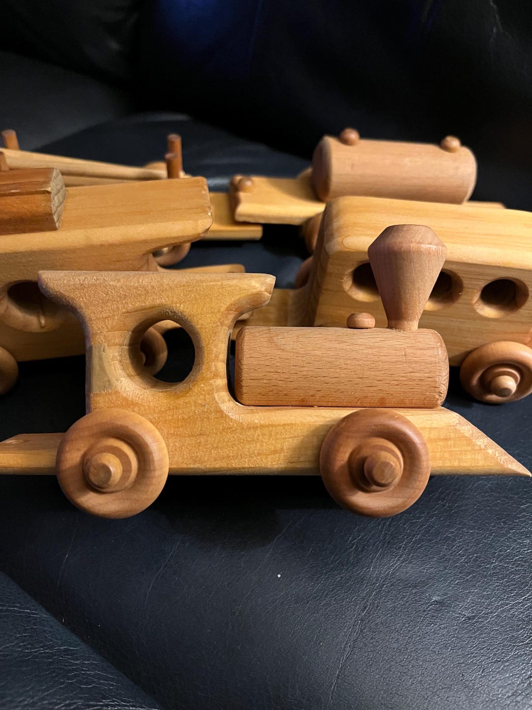 Vintage Wood Train Set Rolling Locomotive & Caboose W/ 3 Cars Handmade ...