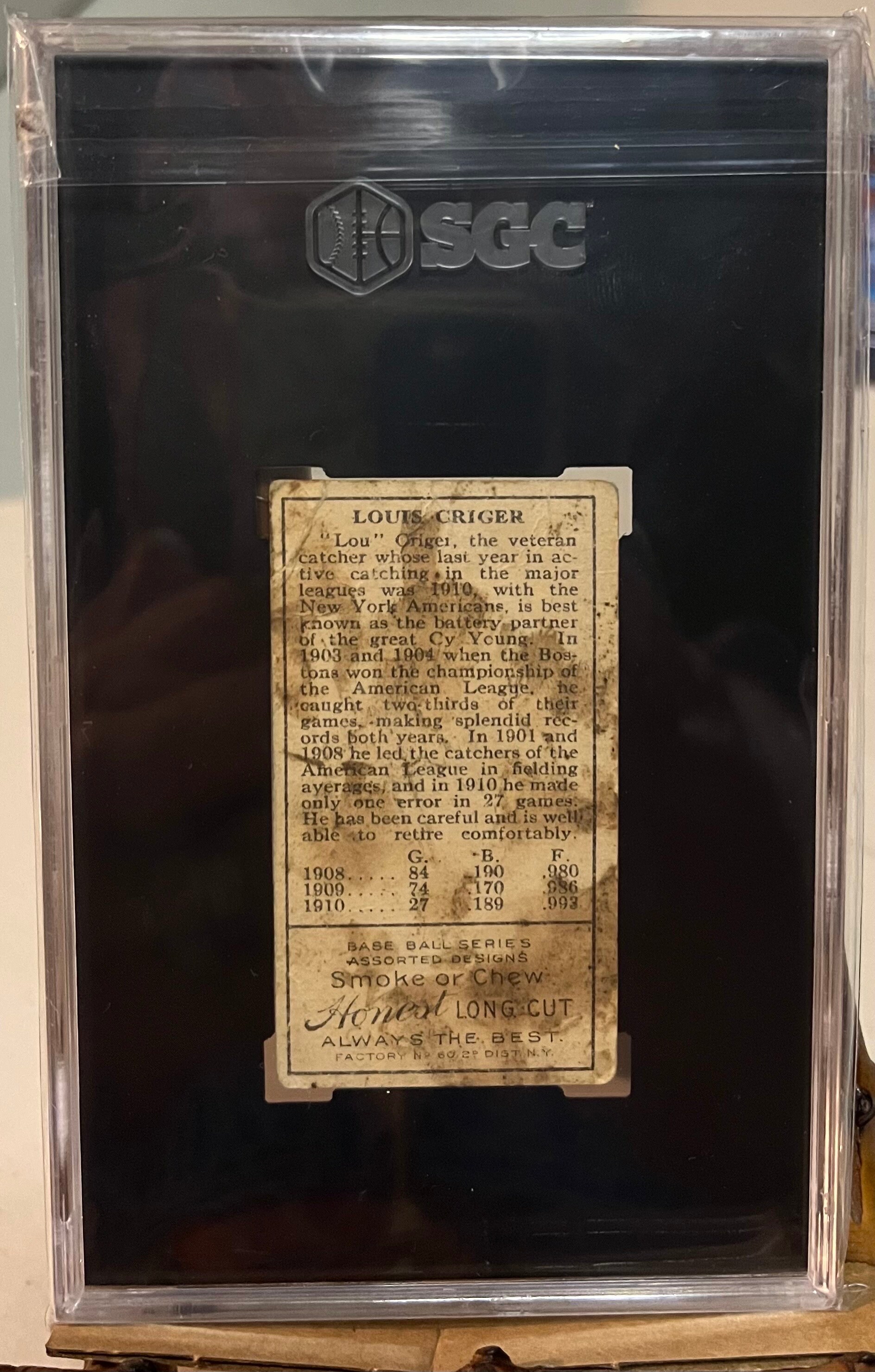 1911 T205 Gold Border Honest Long Cut LOUIS CRIGER New York Yankees SGC ...