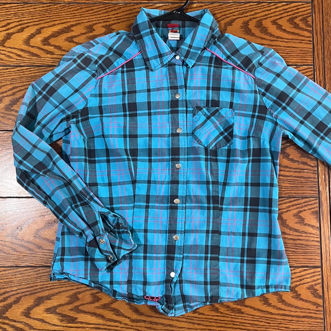 VTG Y2K Sweet Love Hot Topic Blue Plaid Snap Down Fitted Shirt Women’s ...