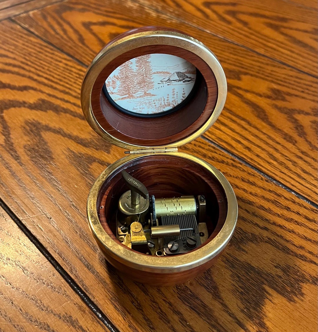 VTG Reuge Wind up Music Box Round Wood Hinged Lid WORKS!! - Etsy