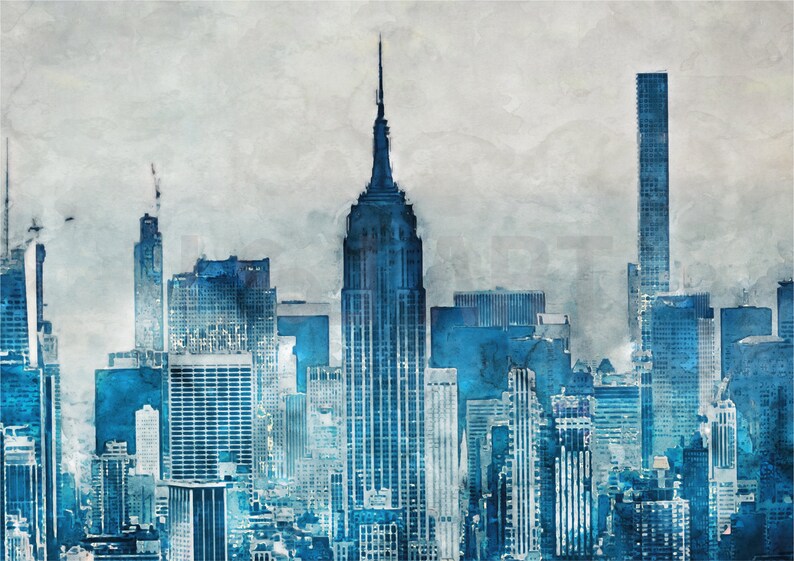 Rockefeller Center, New York City Landscape, USA, Watercolor Digital ...