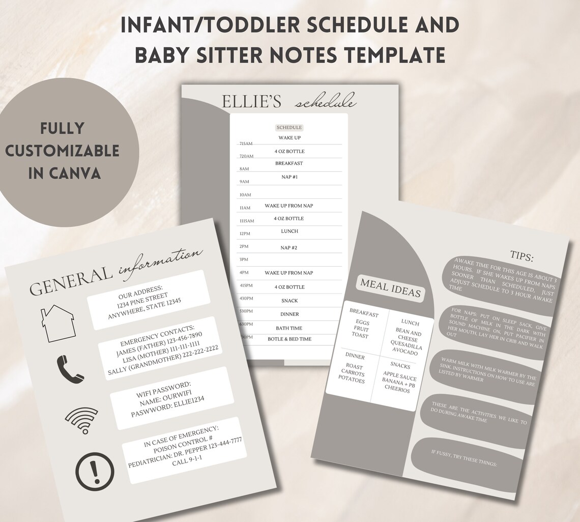 Customizable Baby Schedule, Tips, Baby Sitter Notes Template, Editable ...