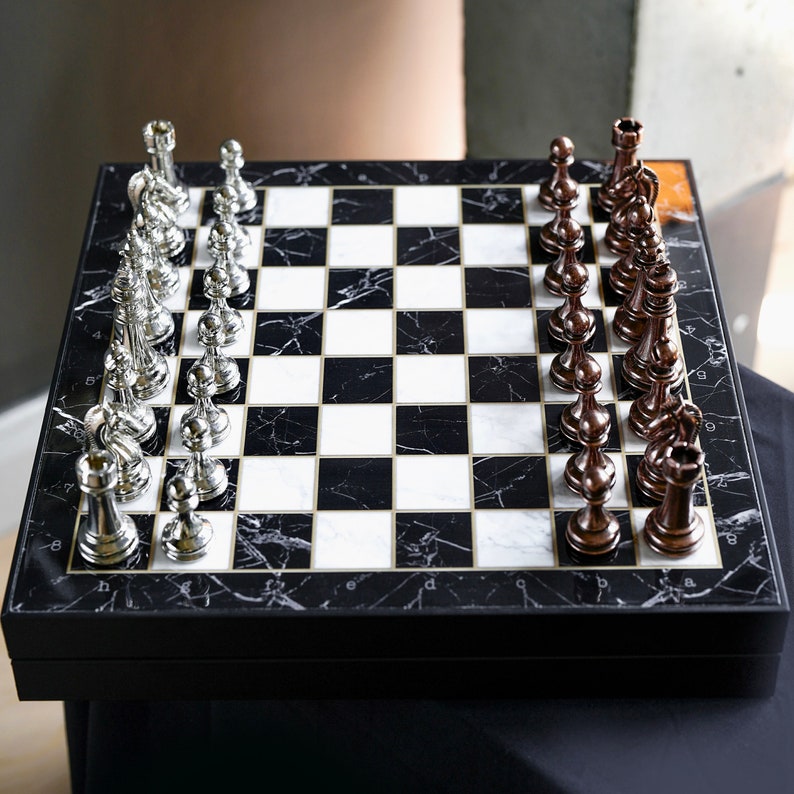 Personalized Bronze Chess Set With Marble Patterned Wooden Box, Metal ...