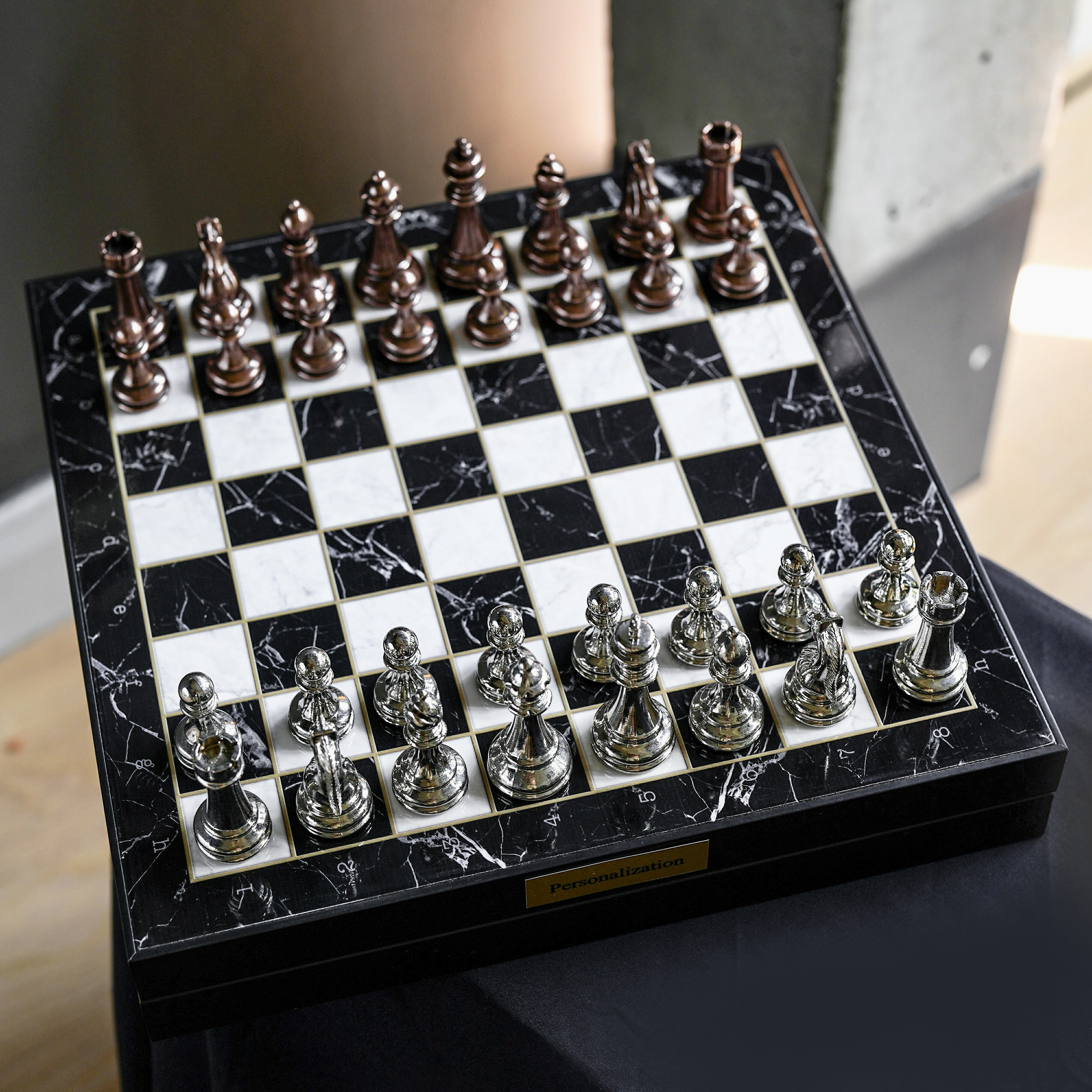 Personalized Bronze Chess Set With Marble Patterned Wooden Box, Metal ...