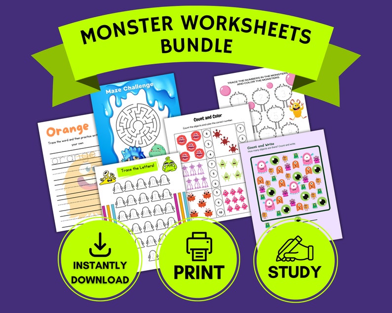Preschool Monster Workbook Printable Monster Worksheets Bundle for Kids ...