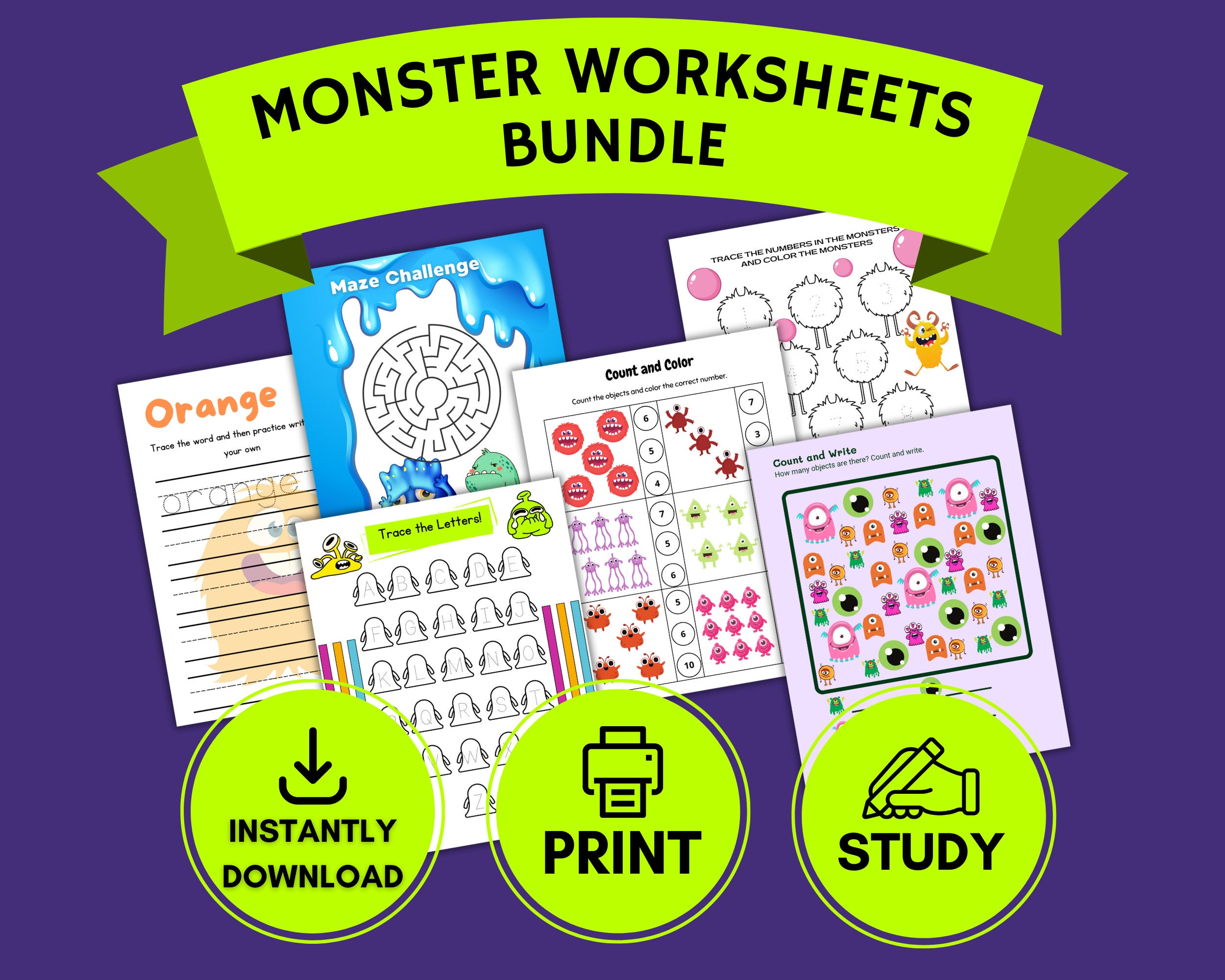 Preschool Monster Workbook Printable Monster Worksheets Bundle for Kids ...