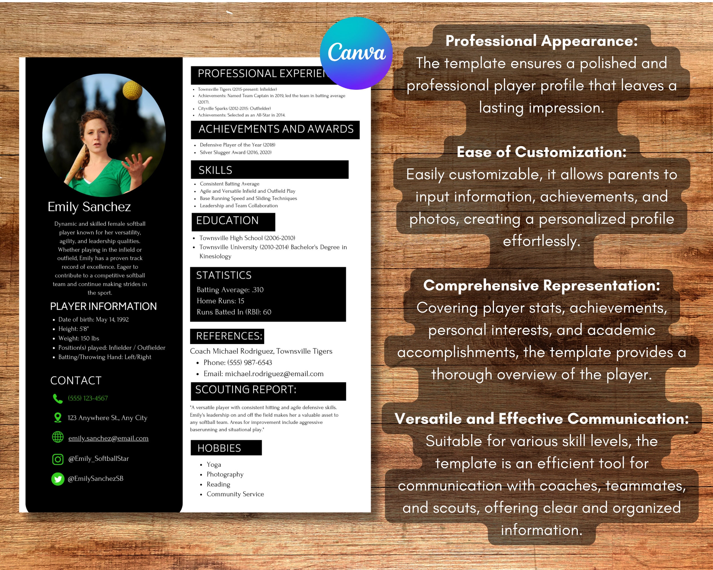 Personalized Softball Player Profile Template Profile Sheet College ...