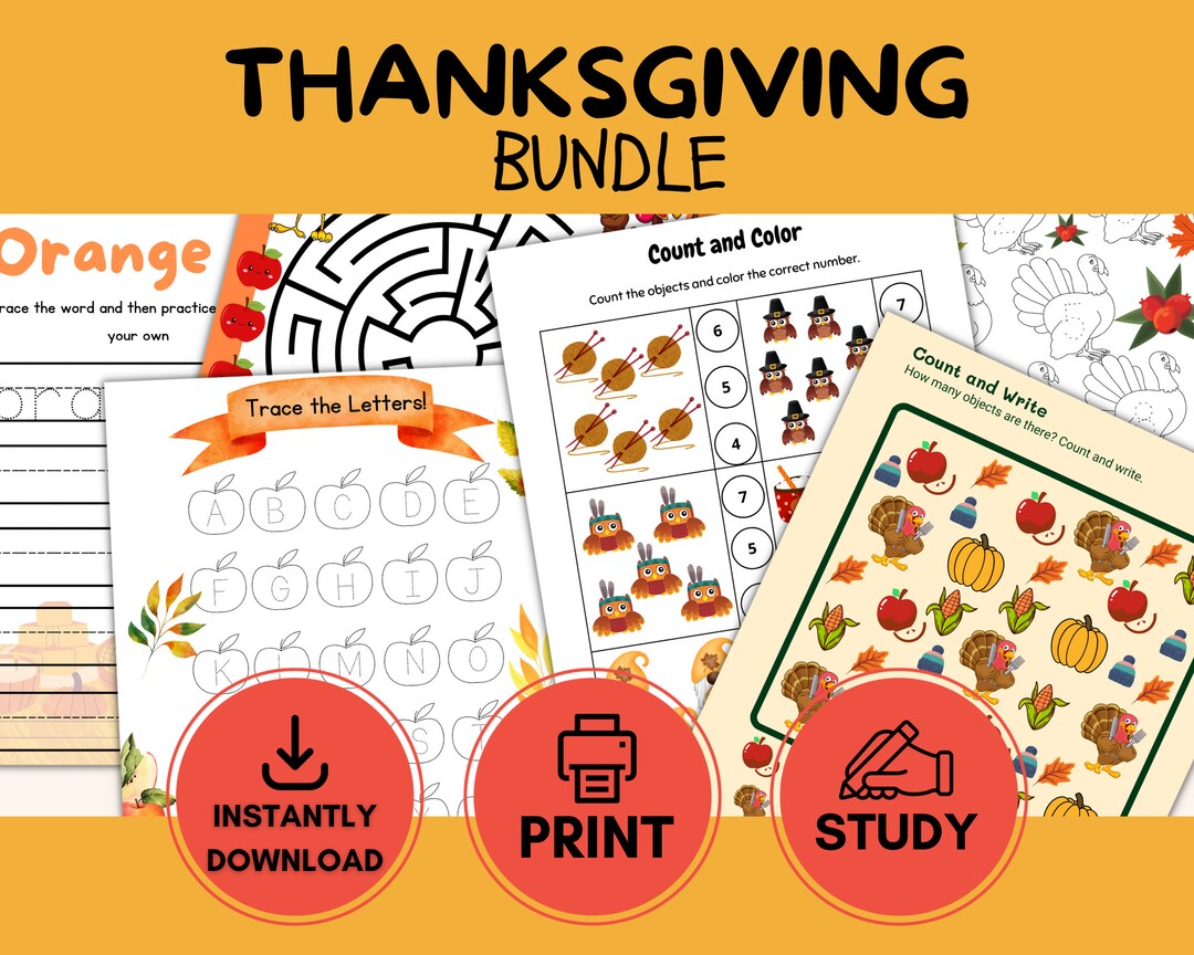 Thanksgiving Worksheet Bundle Preschool and Kindergarten Homeschool ...