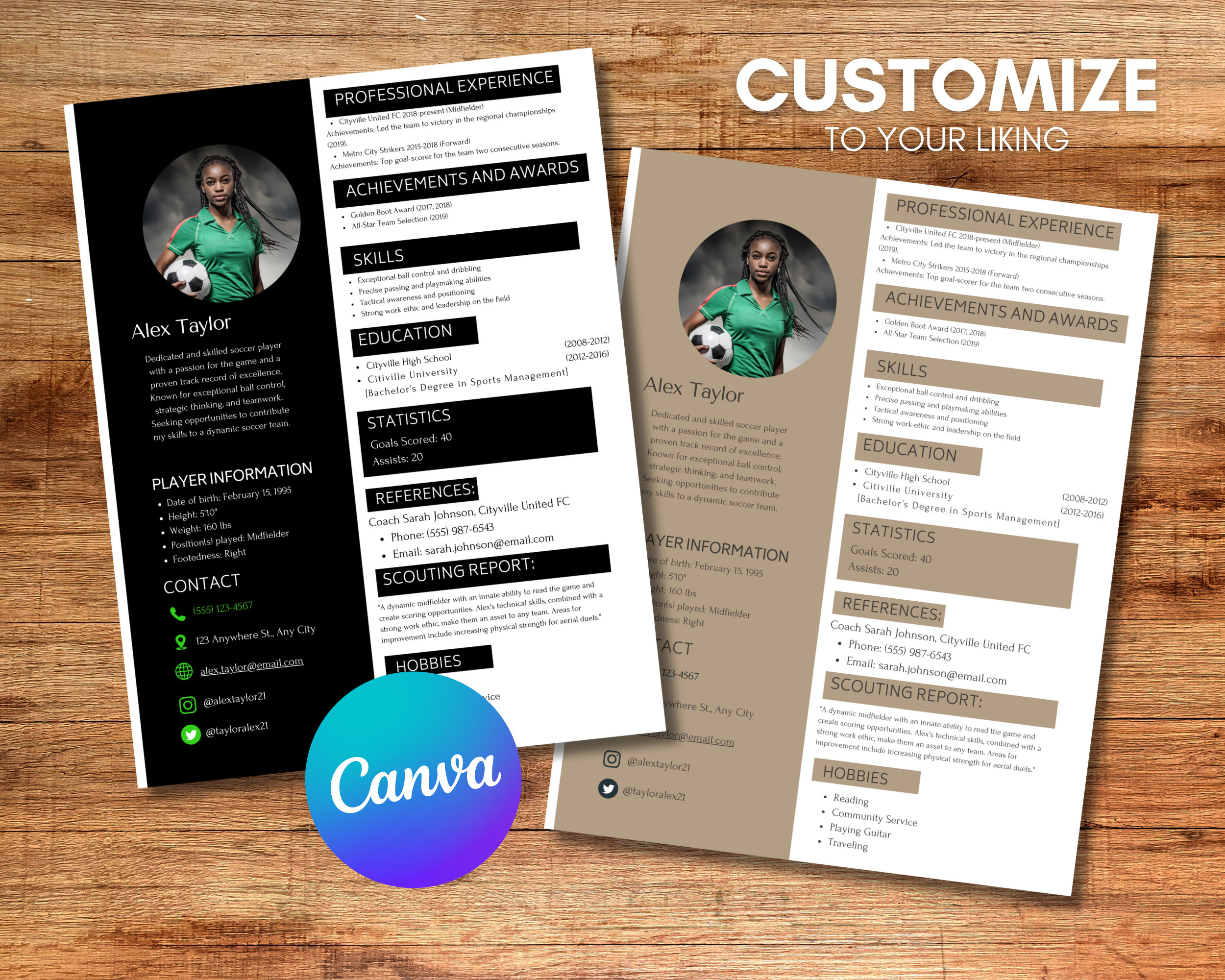 Personalized Soccer Player Profile Template Profile Sheet College ...