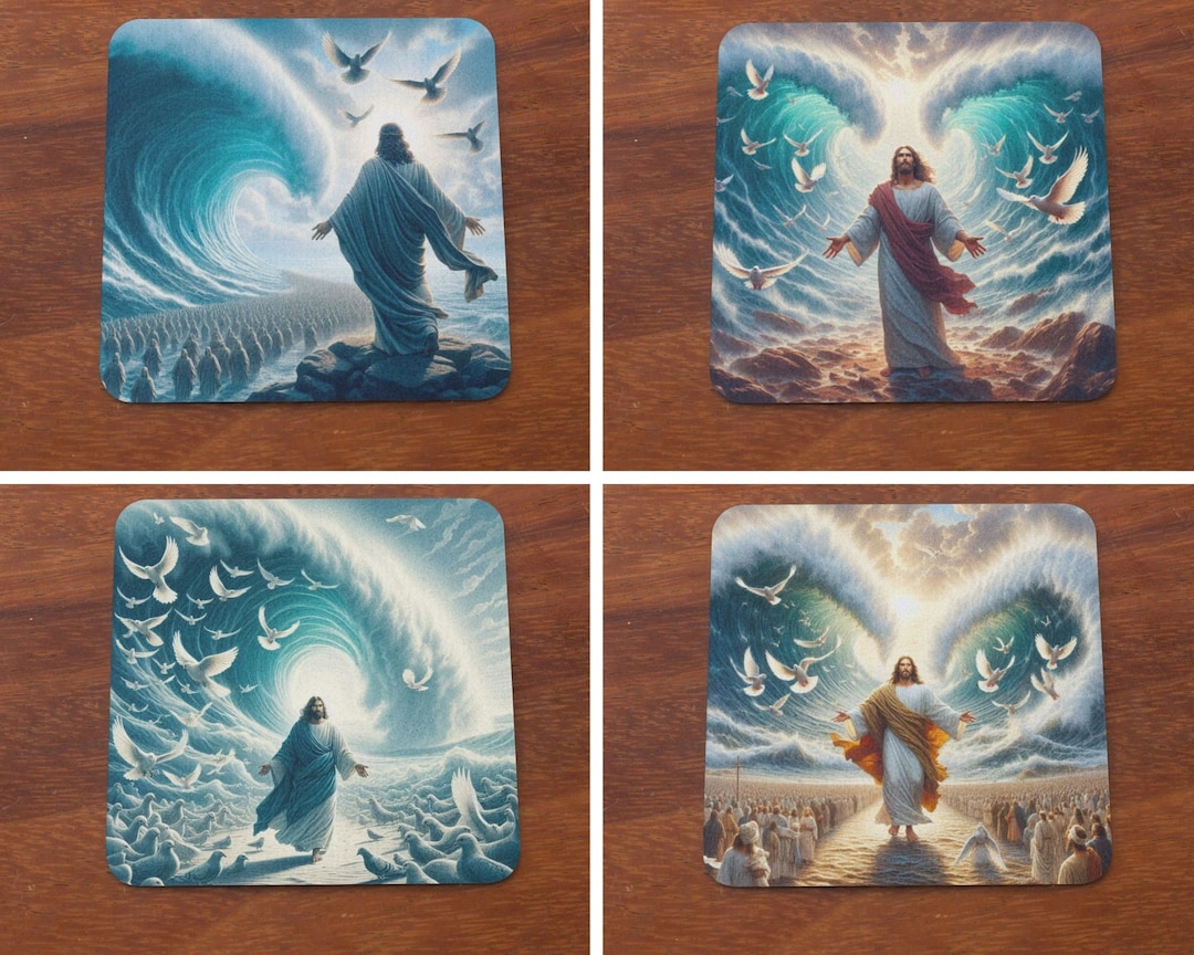 Jesus Christ Religious Wood Coasters, Set of Four, Parting of the Sea ...
