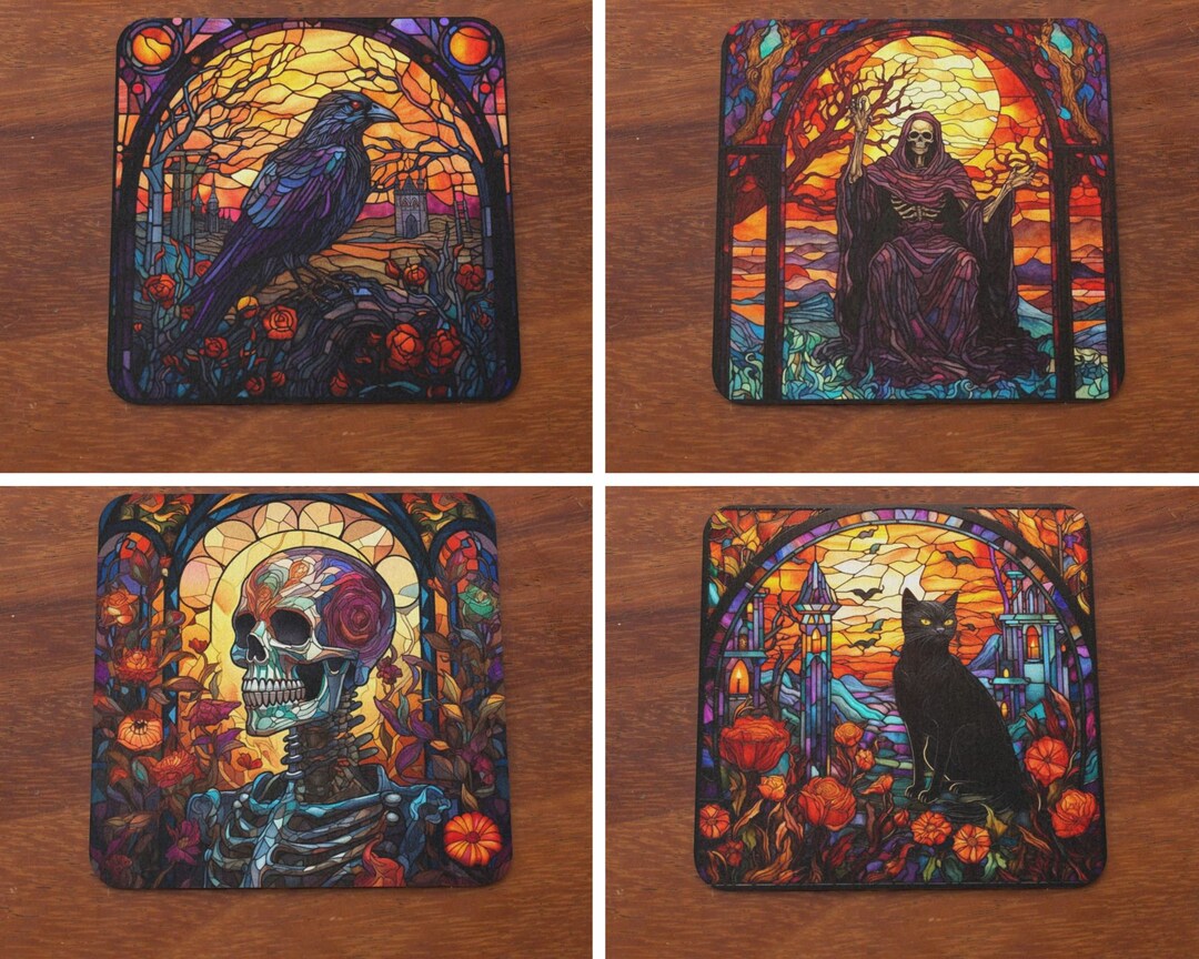 Gothic Mosaic Wood Coasters, Custom Name Skull, Reaper, Raven, Black ...