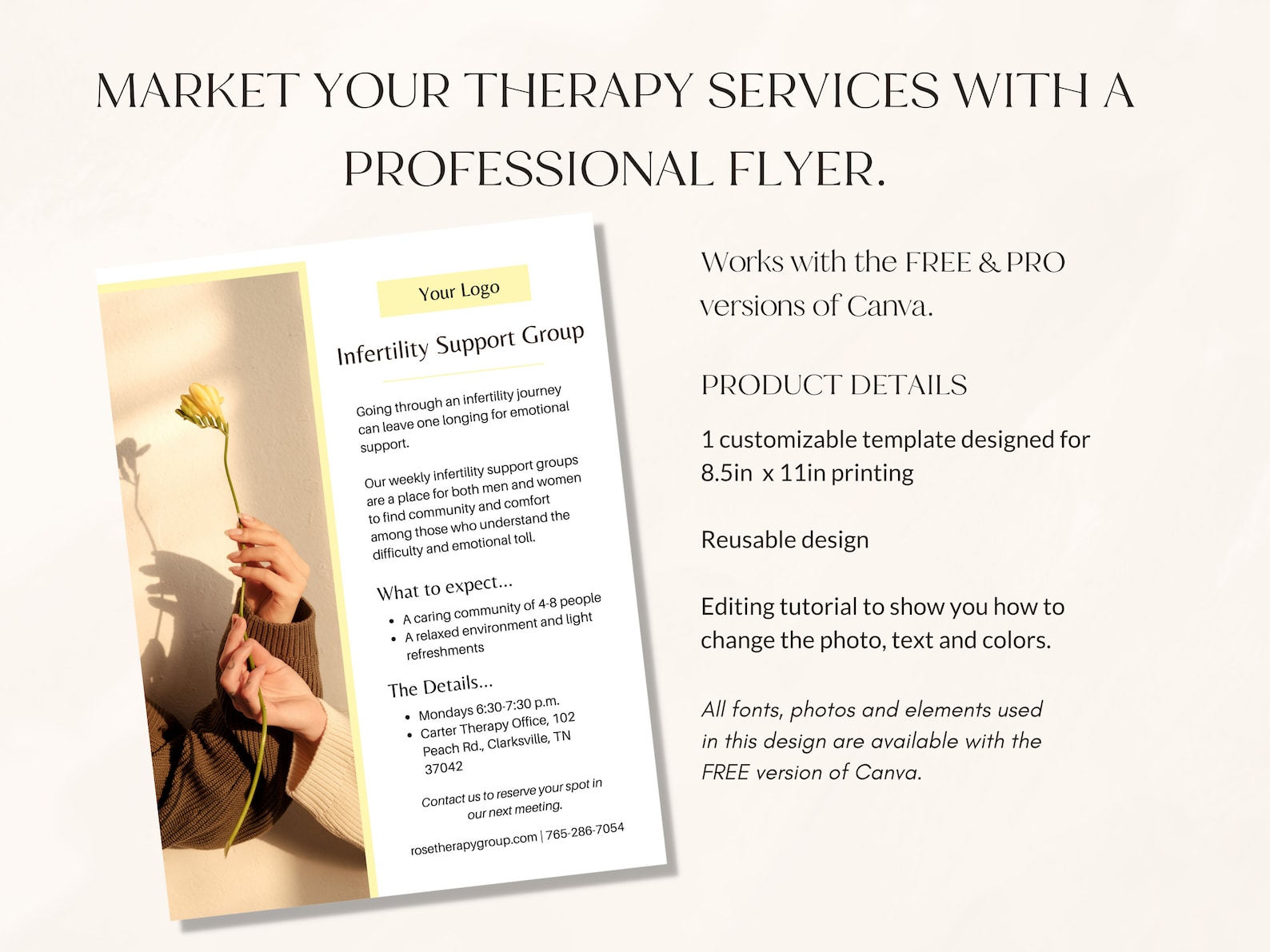 Group Therapy Flyer Canva Template | Infertility Support Group ...