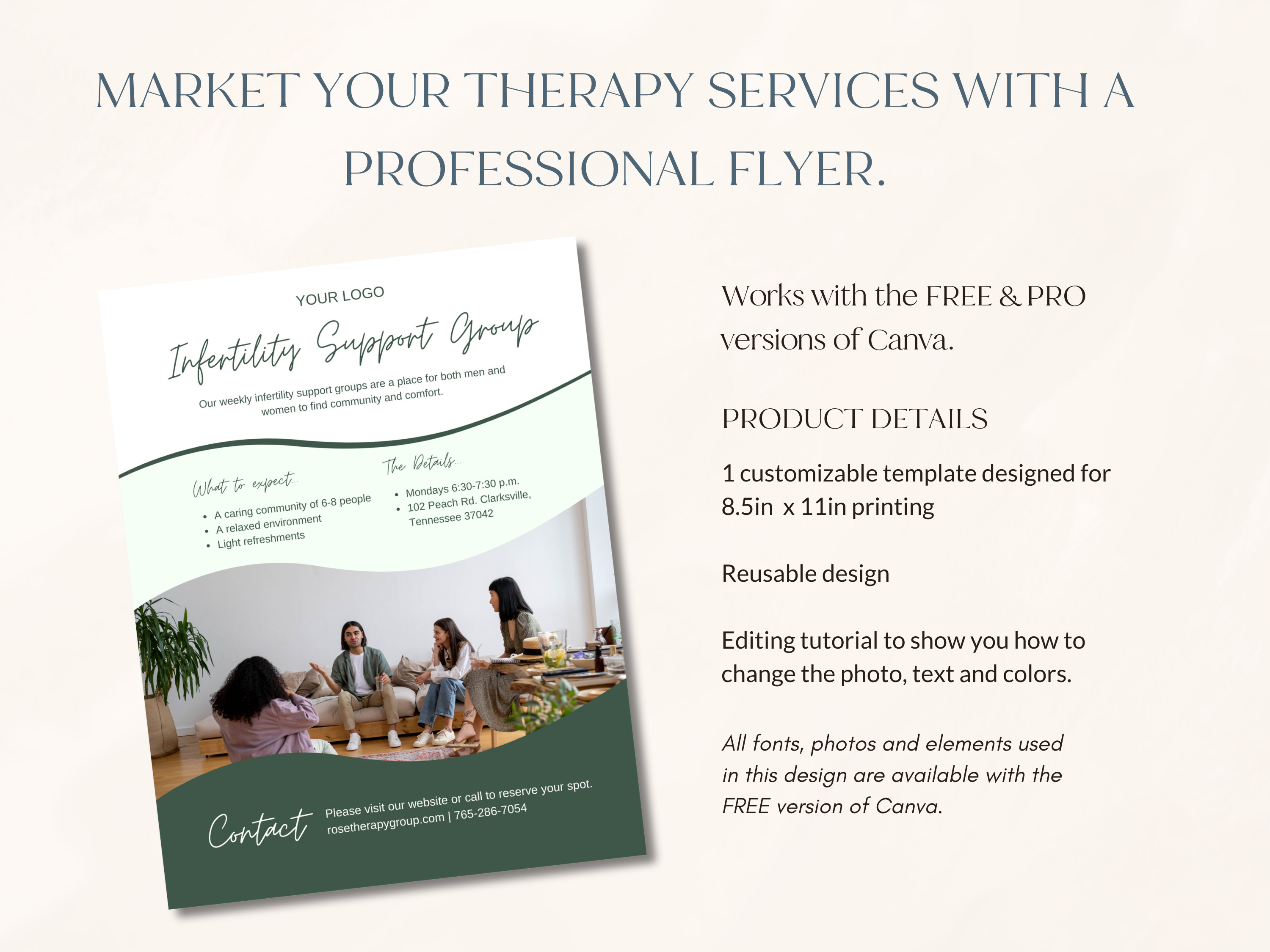 Group Therapy Flyer Canva Template | Infertility Support Group ...