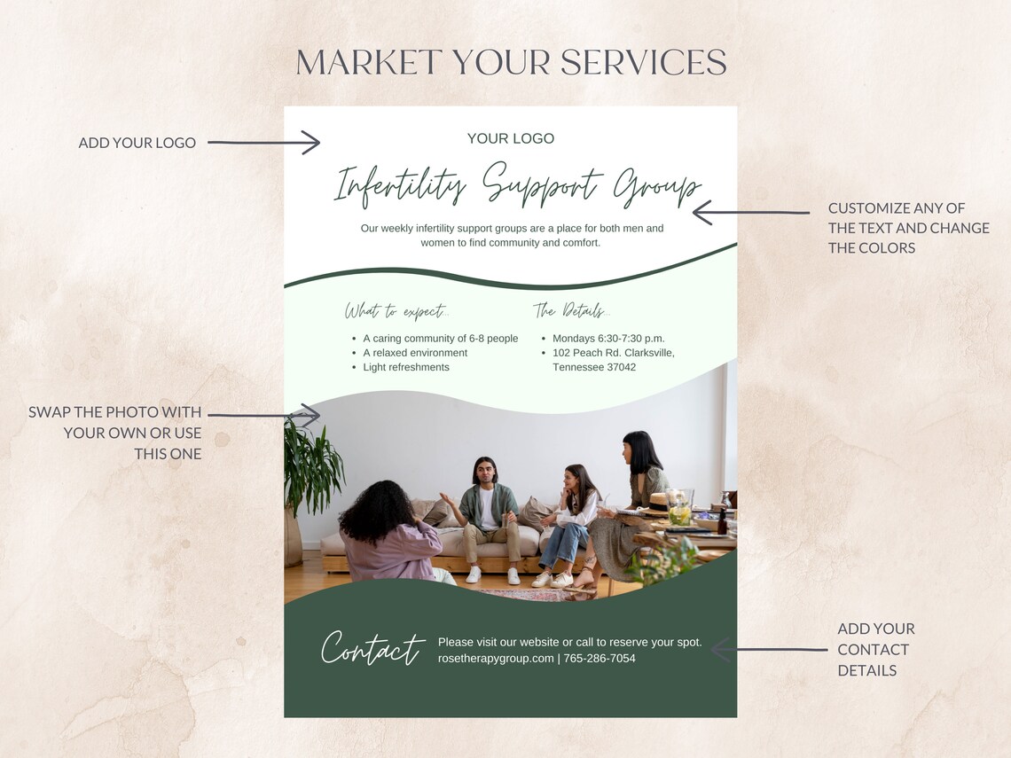 Group Therapy Flyer Canva Template | Infertility Support Group ...