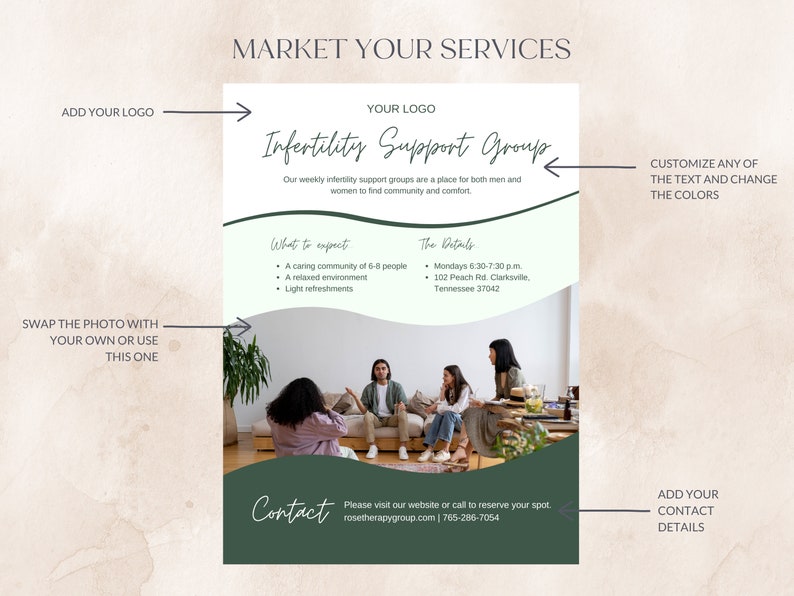 Group Therapy Flyer Canva Template | Infertility Support Group ...