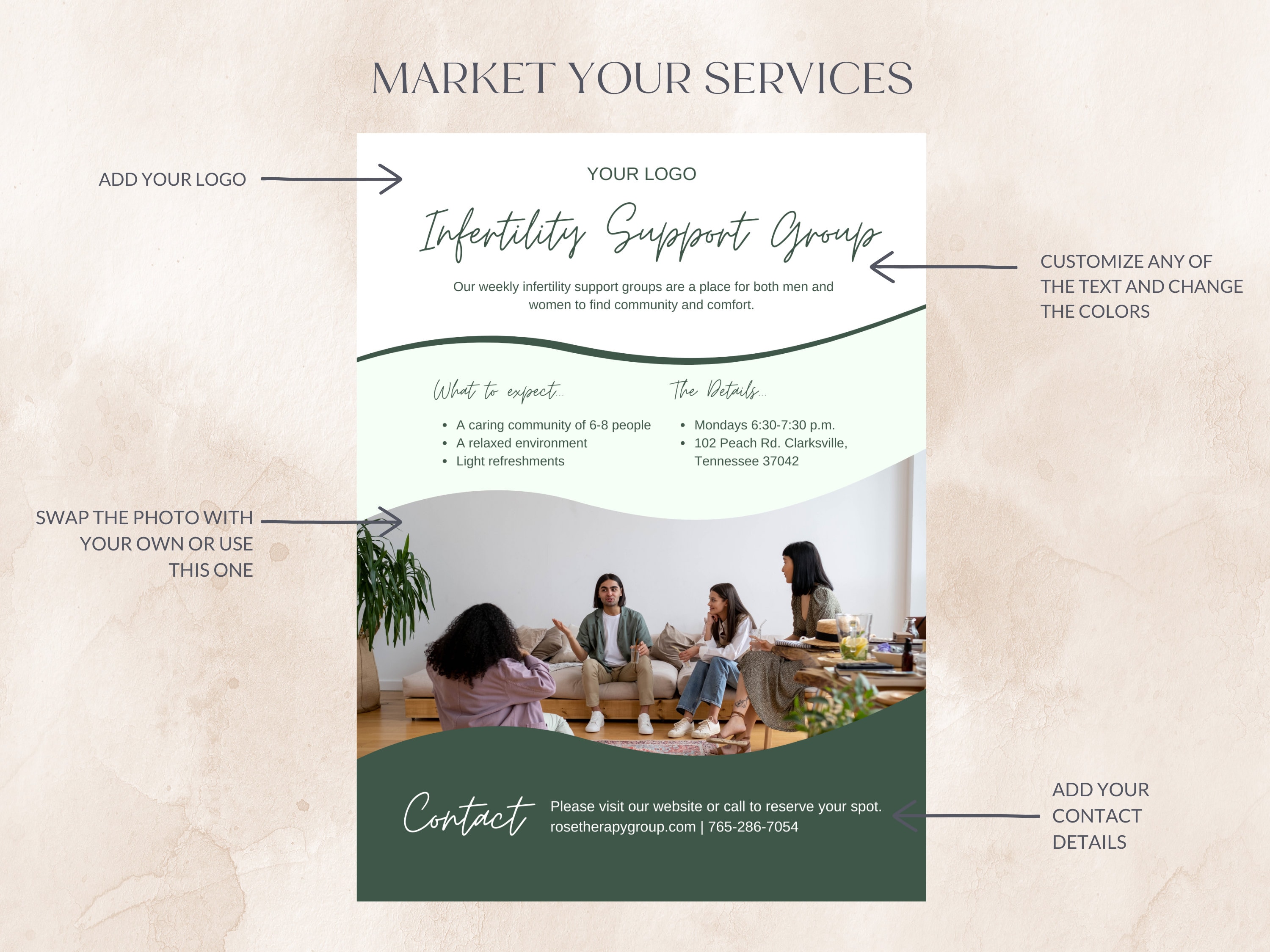 Group Therapy Flyer Canva Template | Infertility Support Group ...