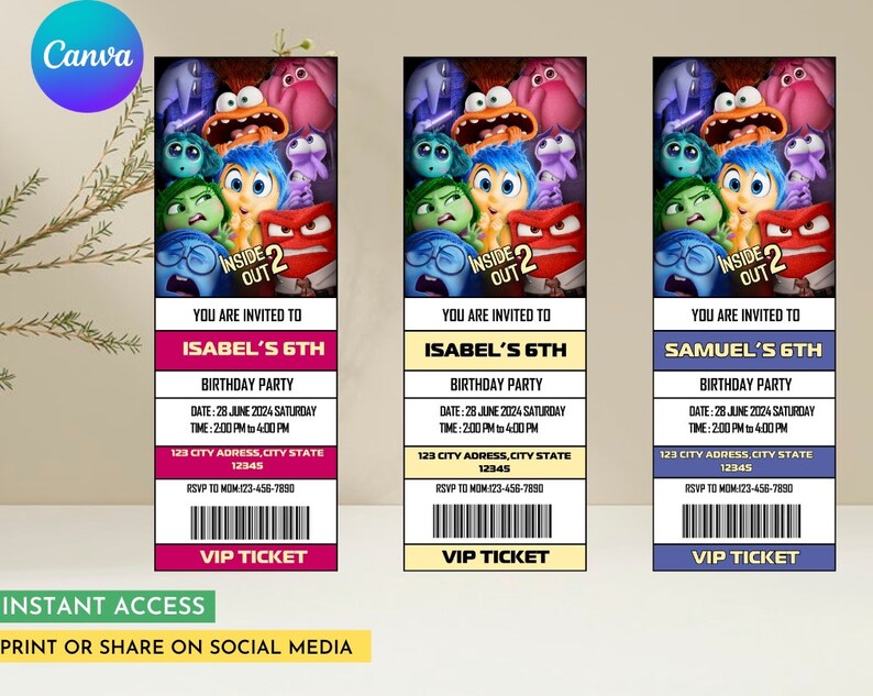 Inside Out 2 Movie Ticket Invitation, Inside Out 2 Birthday Invitation ...