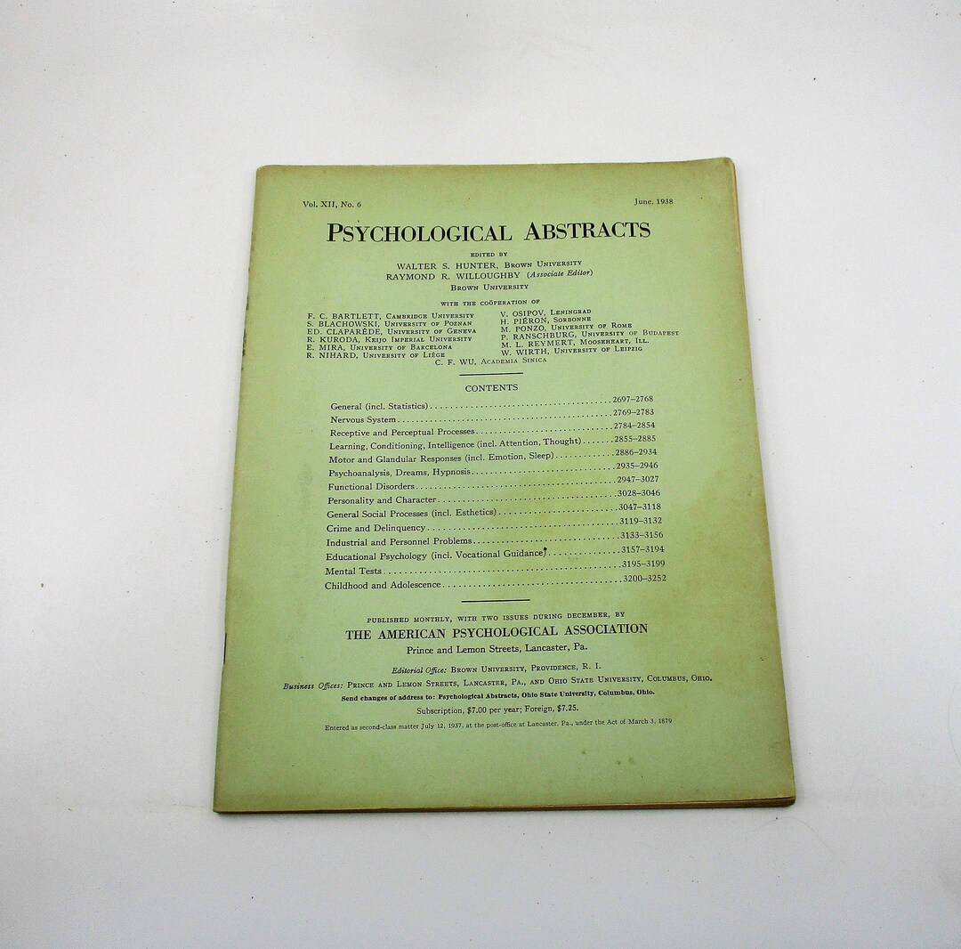 1938 Psychological Abstracts, Journal of Psychology, 20th Century ...