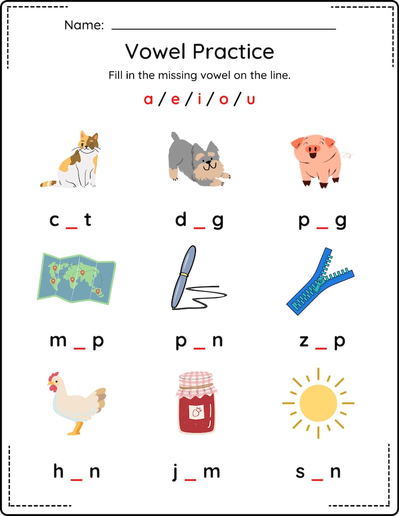 Vowel Practice Worksheet - Etsy