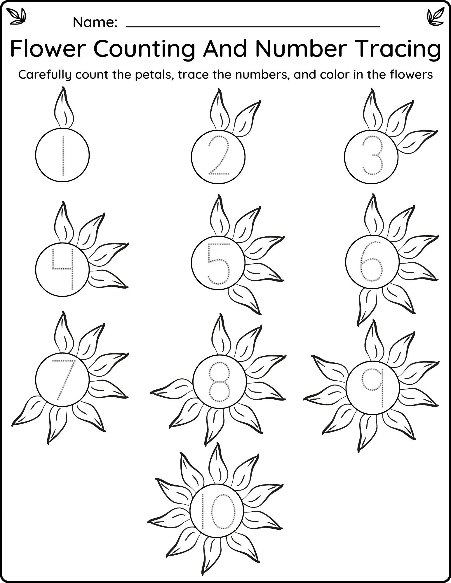 Flower Counting and Number Tracing Worksheet - Etsy