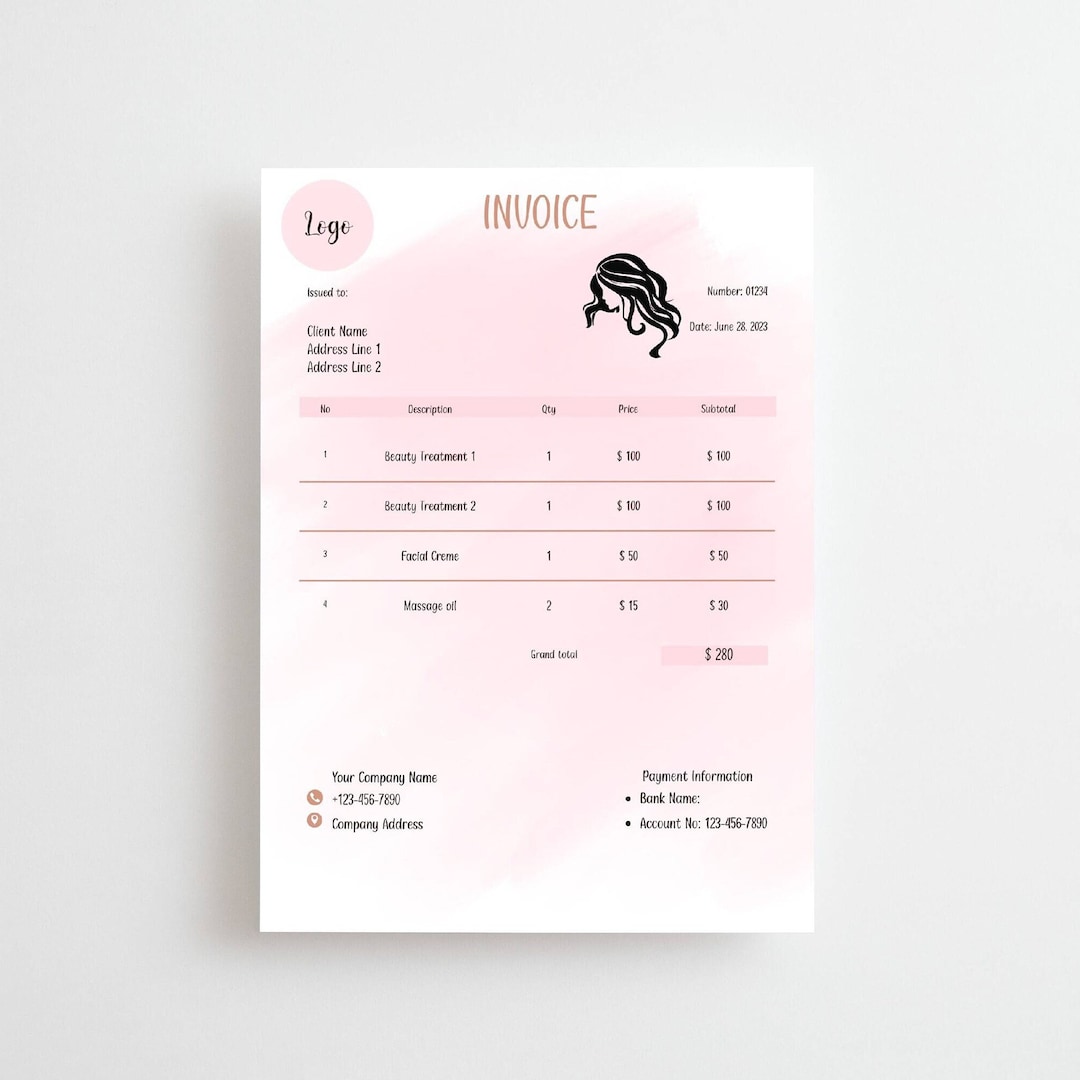 INVOICE TEMPLATE Salon Invoice Template Small Business Template Pink ...