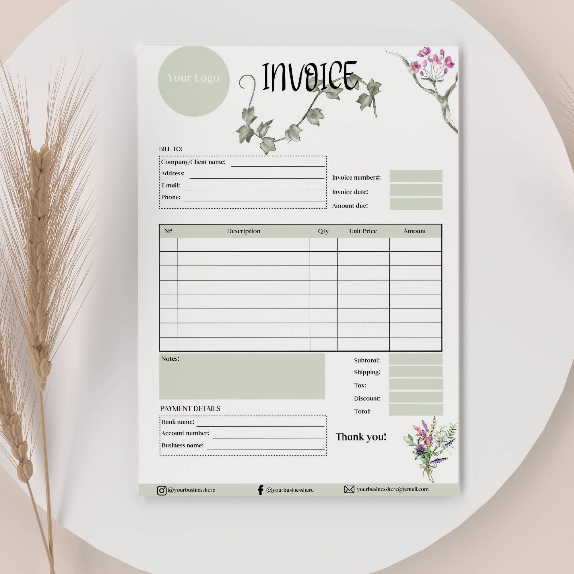 INVOICE TEMPLATE WILDFLOWERS Invoice Template Small Business Template ...