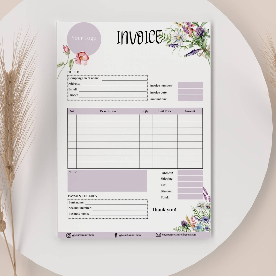 INVOICE TEMPLATE WILDFLOWERS Invoice Template Small Business Template ...