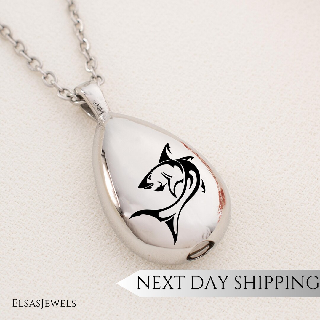 Shark Engraved Teardrop Memorial Urn Necklace, Custom Ash Drop Pendant ...