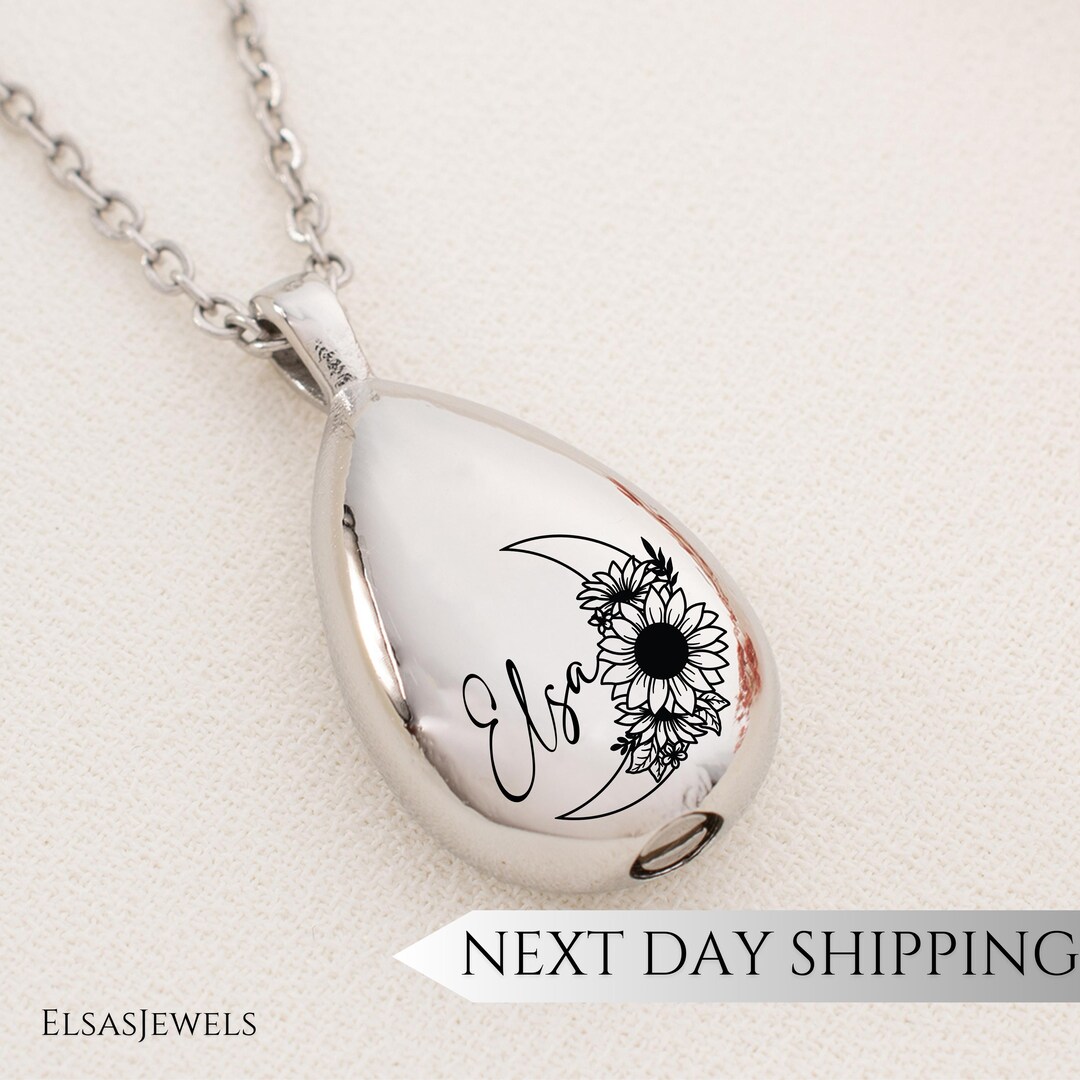 Custom Floral Crescent Moon Urn Necklace, Personalized Ashes Keepsake ...