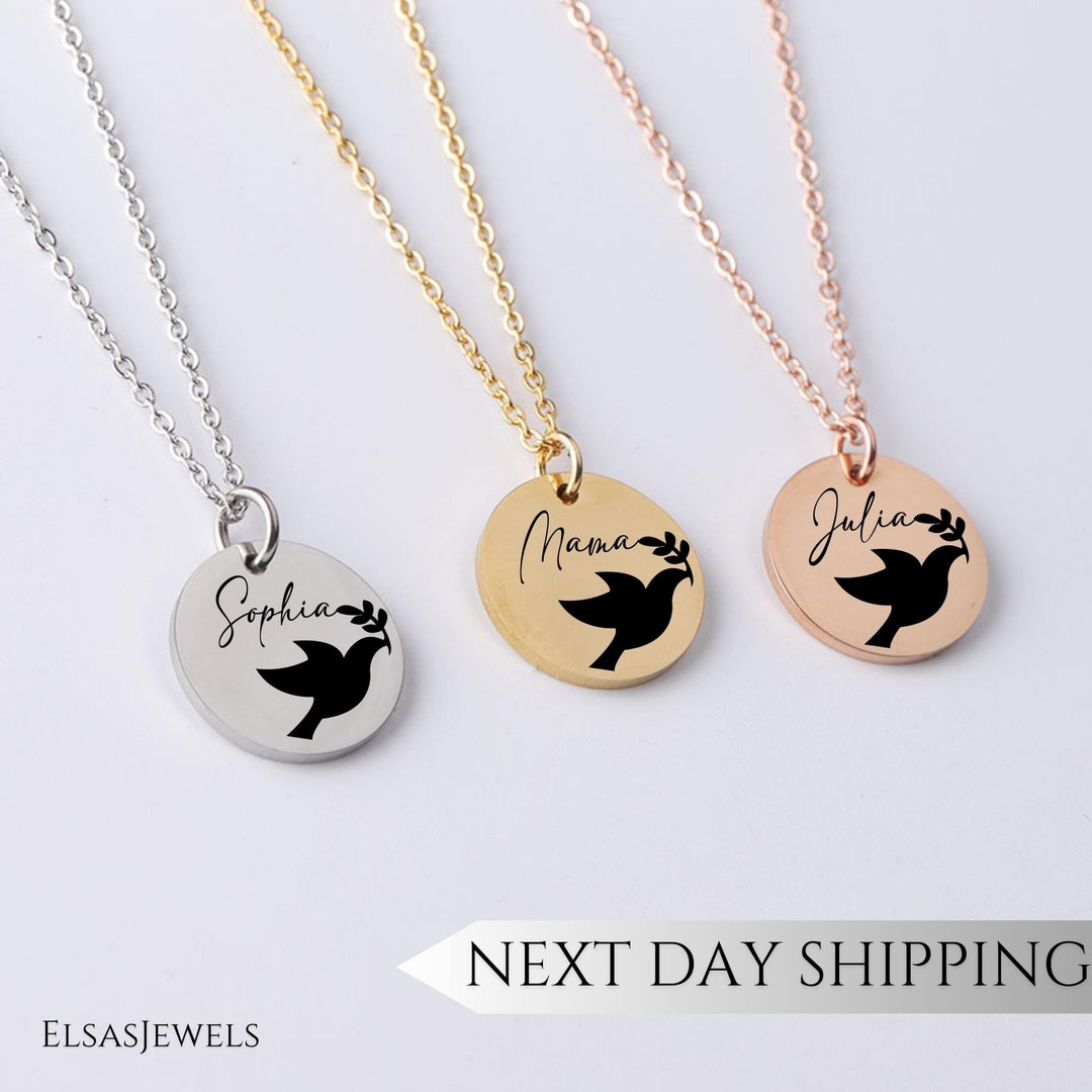 Custom Name Peace Dove Gold Necklace, Custom Dove Necklace for Gift ...