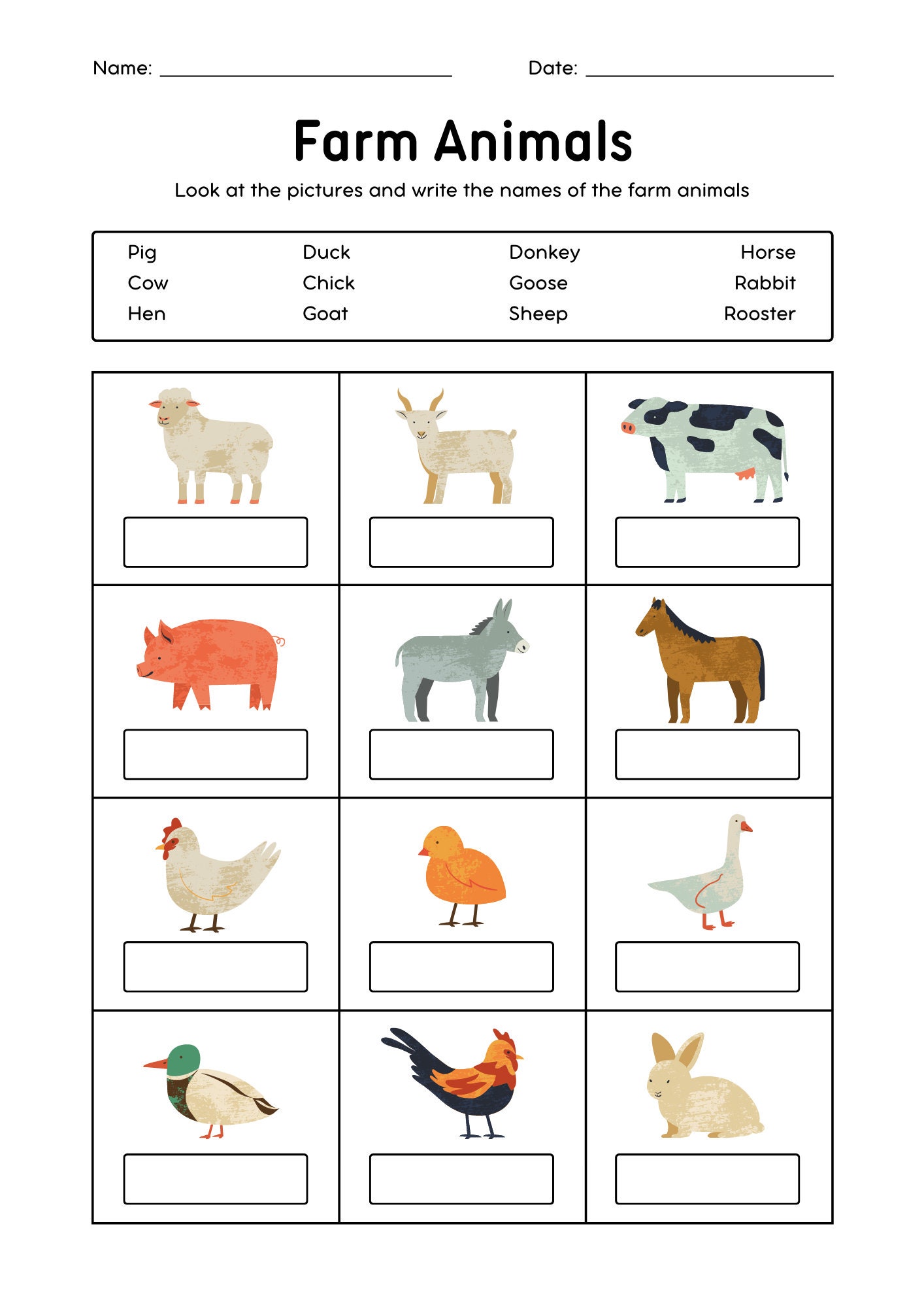 White Neutral Farm Animals Vocabulary Worksheet - Etsy
