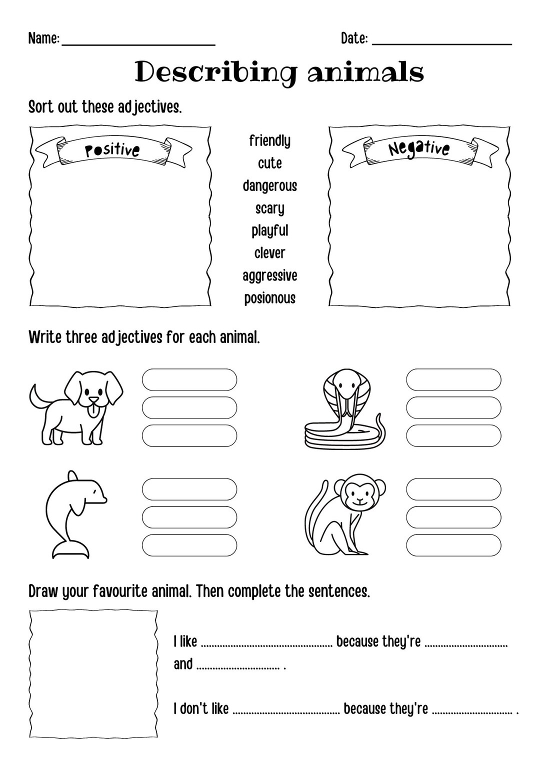 Black and White Simple Describing Animals Adjectives EFL Worksheet - Etsy
