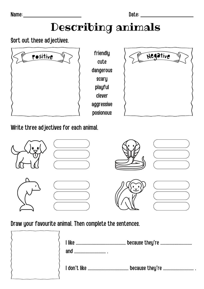 Black and White Simple Describing Animals Adjectives EFL Worksheet - Etsy