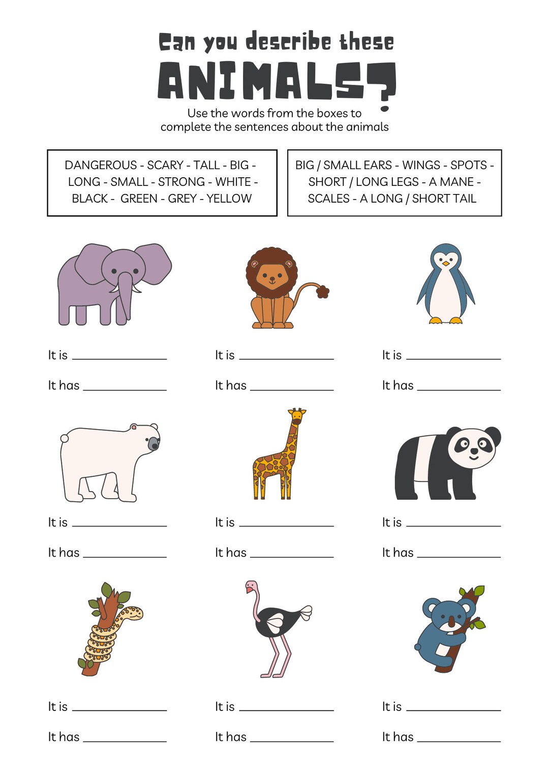 Colorful Describe the Animals Worksheet - Etsy