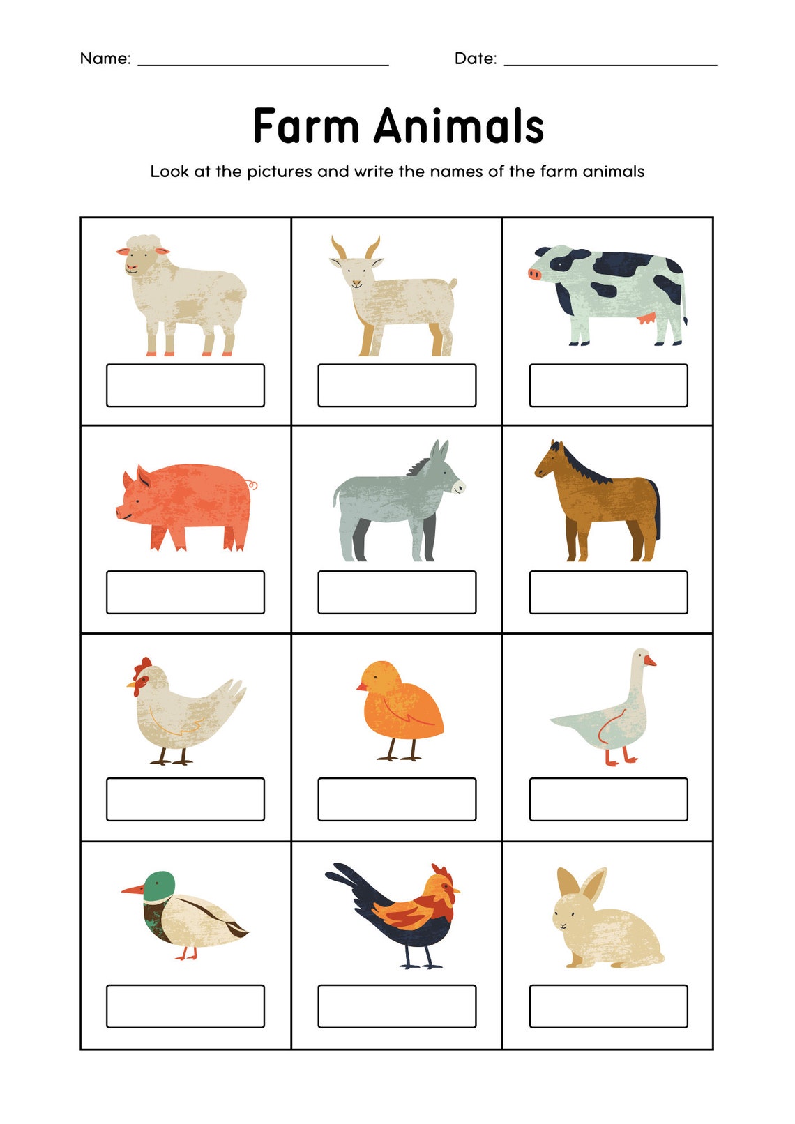 White Neutral Farm Animals Vocabulary Worksheet - Etsy