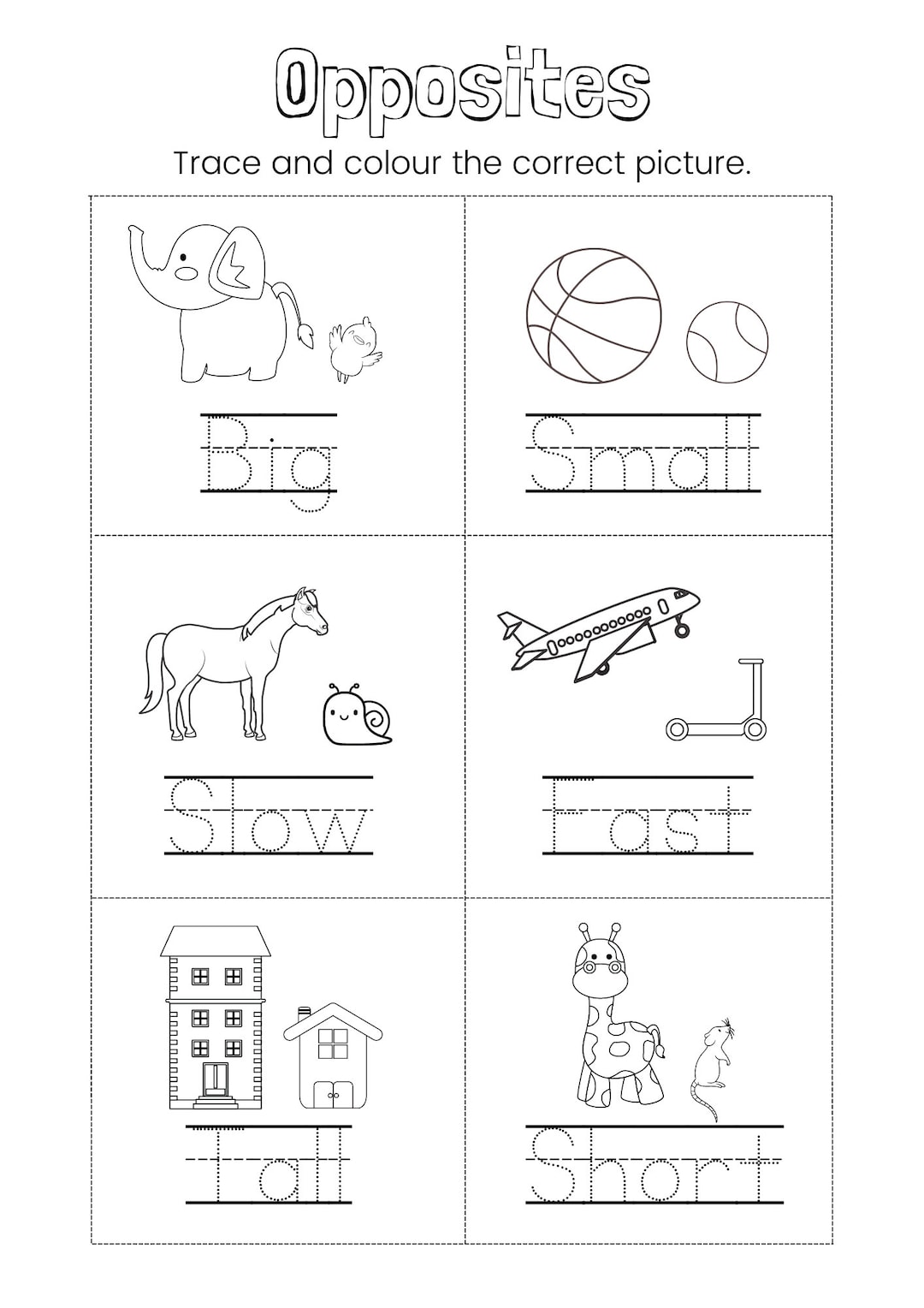 Black and White Coloring Handwriting Opposites Adjectives English ...