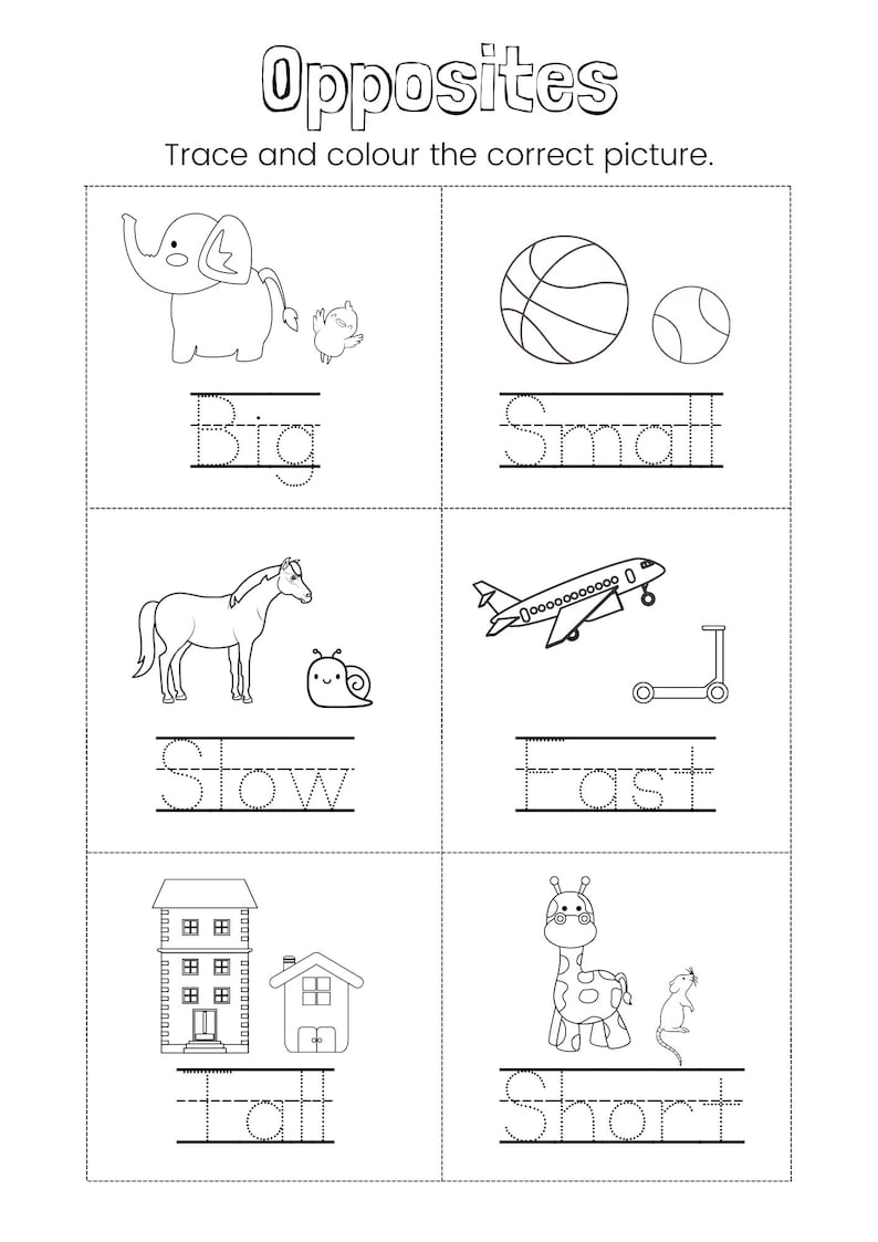 Black and White Coloring Handwriting Opposites Adjectives - Etsy